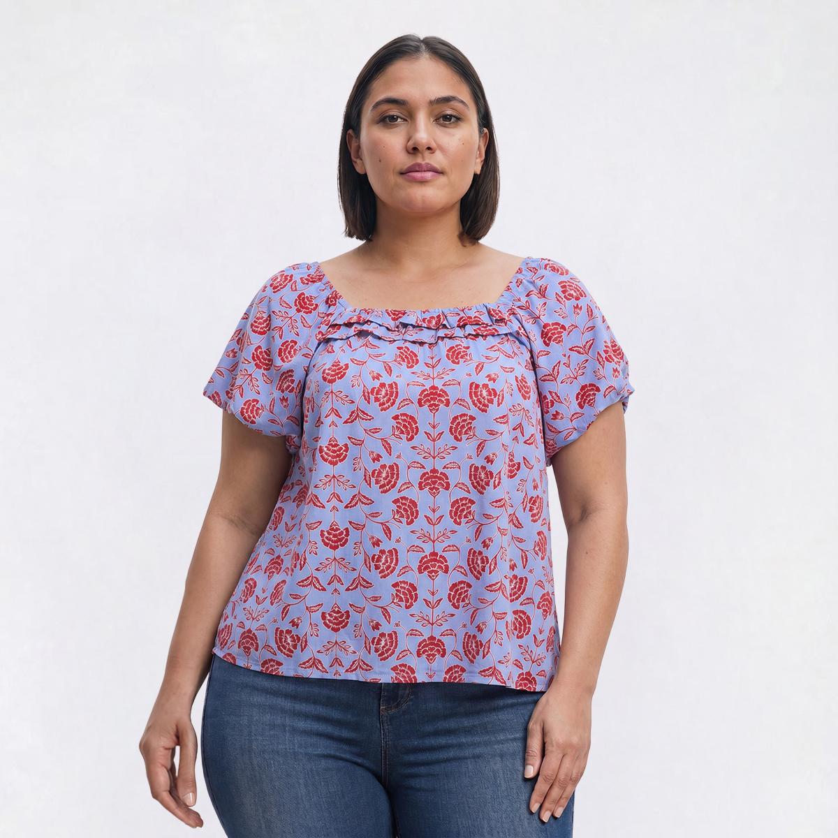 Click here for Plus Size Absolutely Famous Floral Ruffle Neck Blo... prices